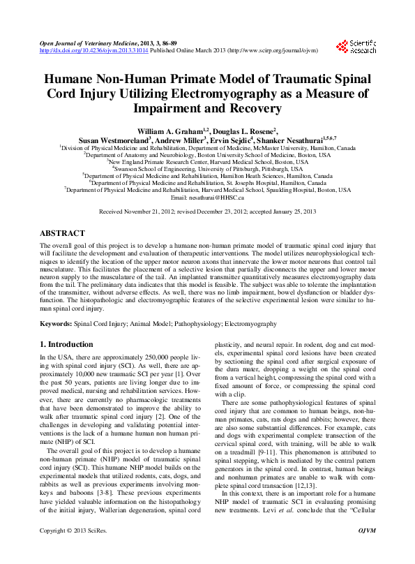 (PDF) Humane Non-Human Primate Model of Traumatic Spinal Cord Injury ...