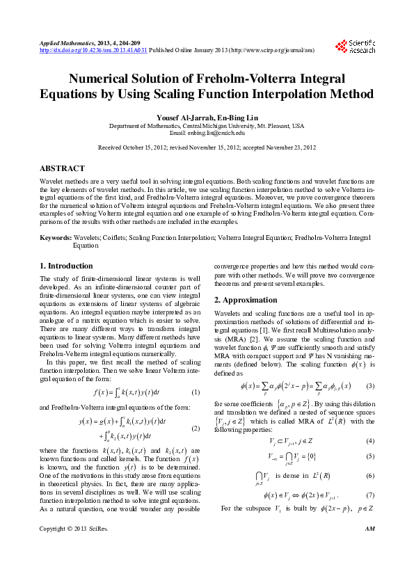 Pdf Numerical Solution Of Freholm Volterra Integral Equations By Using Scaling Function
