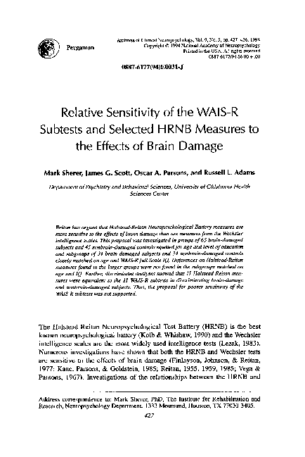(PDF) Relative sensitivity of the WAIS-R subtests and selected HRNB ...