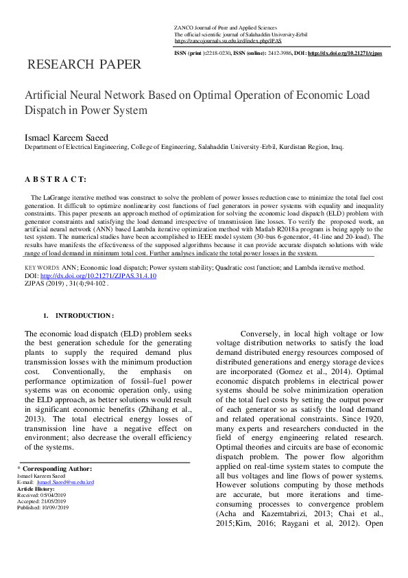 (PDF) Artificial Neural Network Based on Optimal Operation of Economic Load Dispatch in Power System