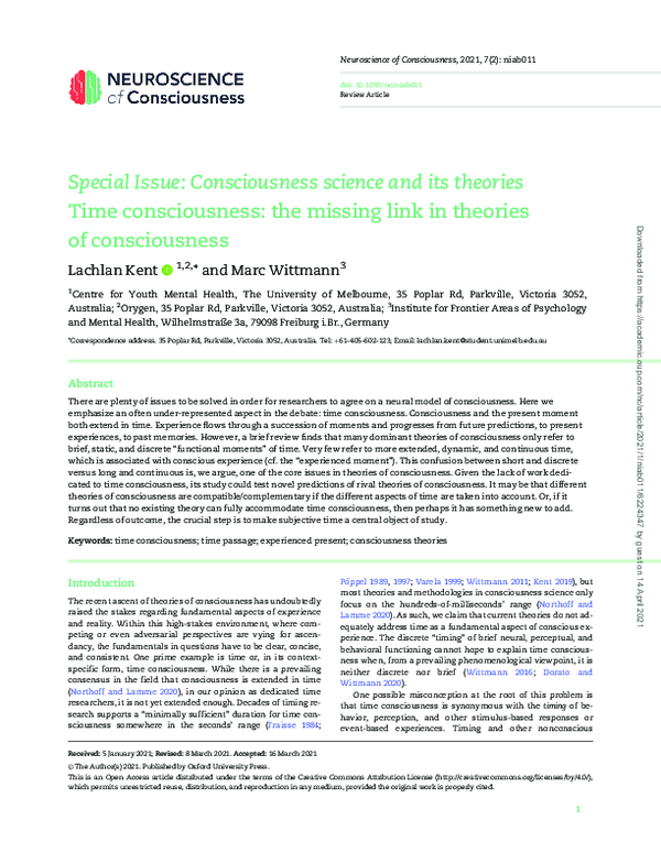 (PDF) Special Issue: Consciousness science and its theories Time ...