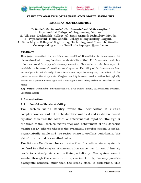 (PDF) Stability Analysis of Brusselator Model Using the Jacobian Matrix Method