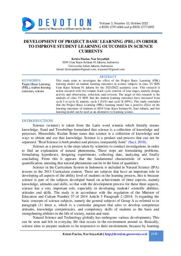Pdf Development Of Project Basic Learning Pbl In Order To Improve