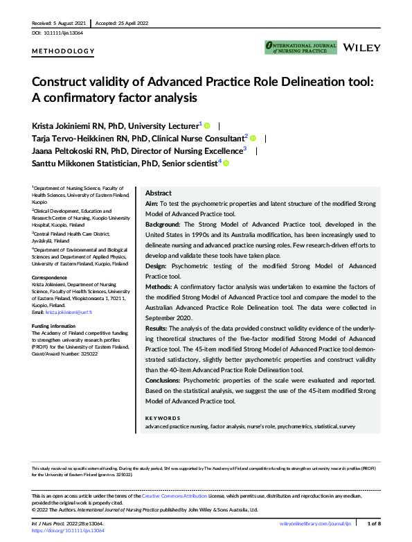 (PDF) Construct validity of Advanced Practice Role Delineation tool: A confirmatory factor analysis