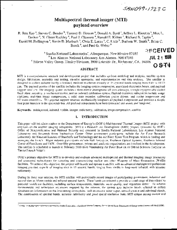 (PDF) Multispectral Thermal Imager (MTI) payload overview