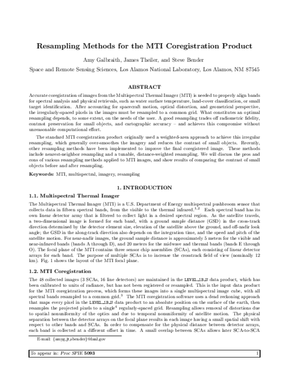 Pdf Resampling Methods For The Mti Coregistration Product Steven Bender