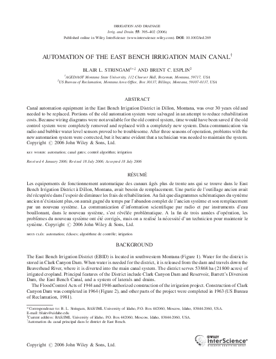 (PDF) Automation of the East Bench irrigation main canal | Blair ...