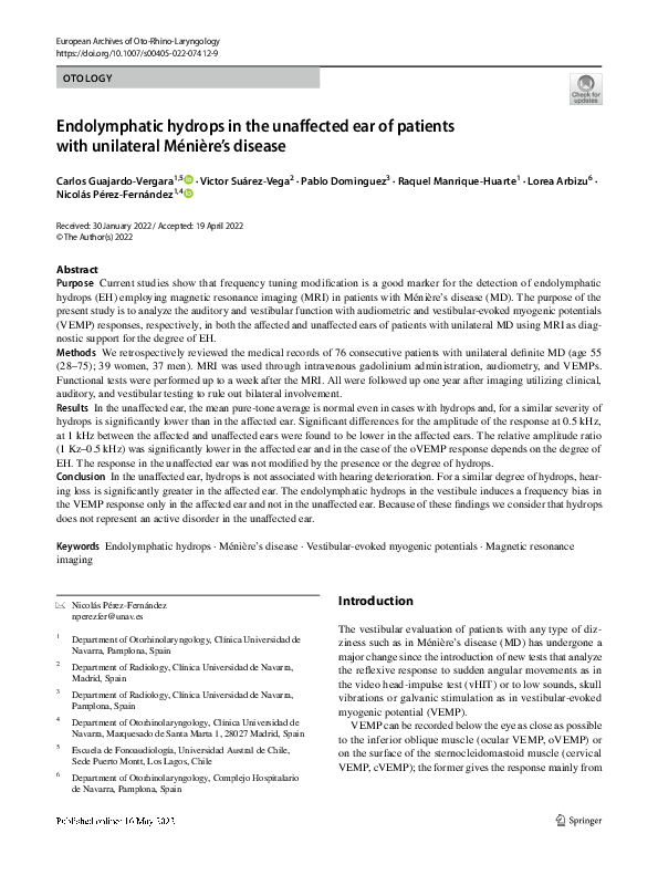 (PDF) Endolymphatic hydrops in the unaffected ear of patients with ...