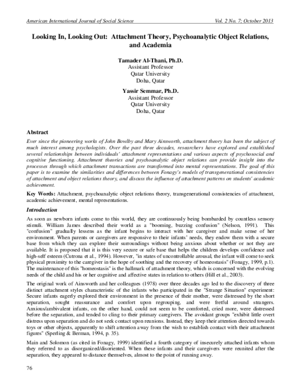 Looking In Looking Out Attachment Theory Psychoanalytic Object