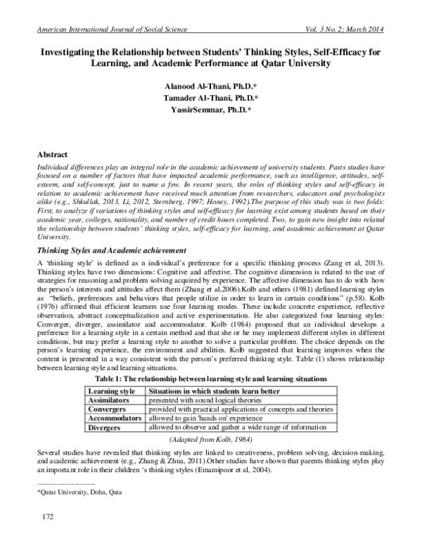 (PDF) Investigating the Relationship between Students ’ Thinking Styles , Self-Efficacy for ...