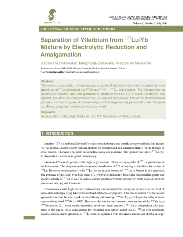 (PDF) Electrolytic Separation of Ytterbium from Lu-177