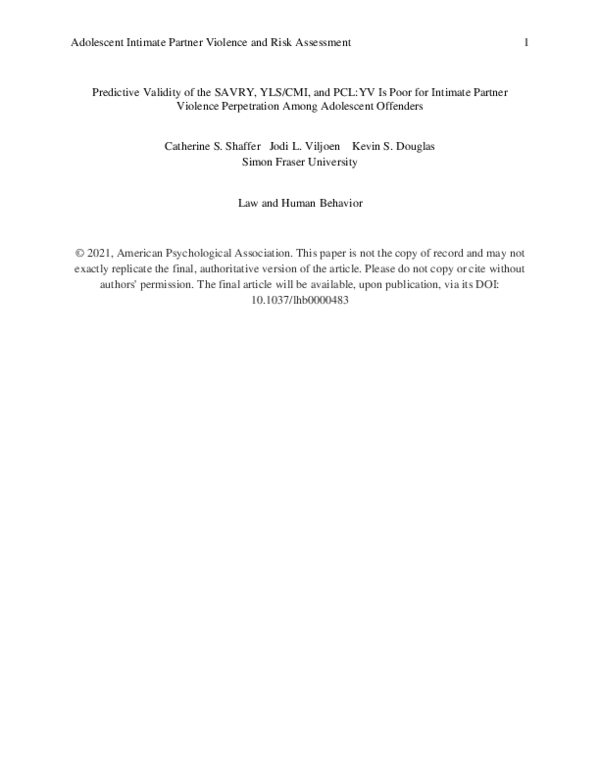 (PDF) Predictive Validity of the SAVRY, YLS/CMI, and PCL:YV Is Poor for ...