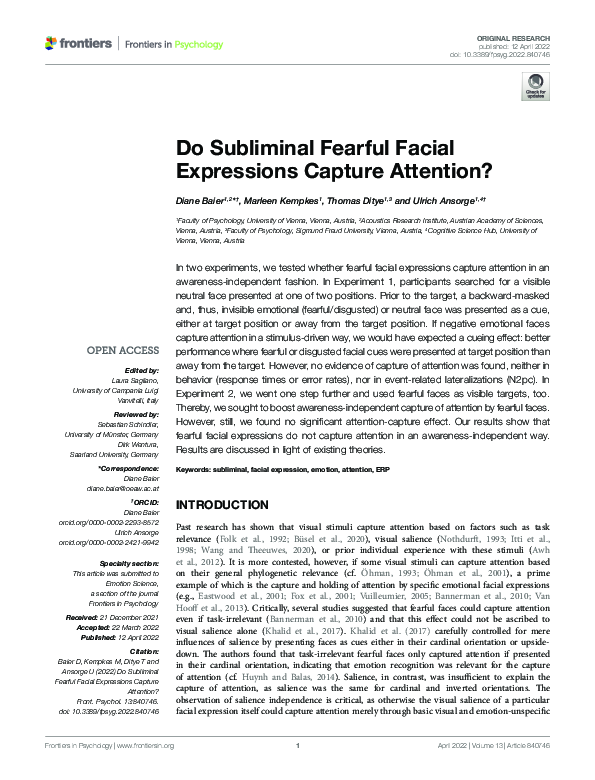 (PDF) Do Subliminal Fearful Facial Expressions Capture Attention?
