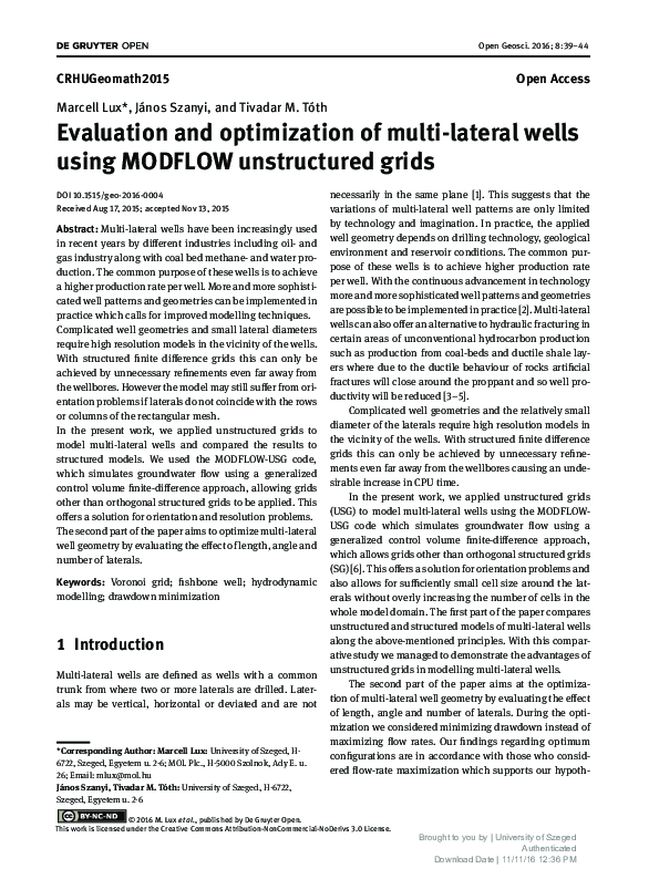 (PDF) Evaluation and optimization of multi-lateral wells using MODFLOW unstructured grids