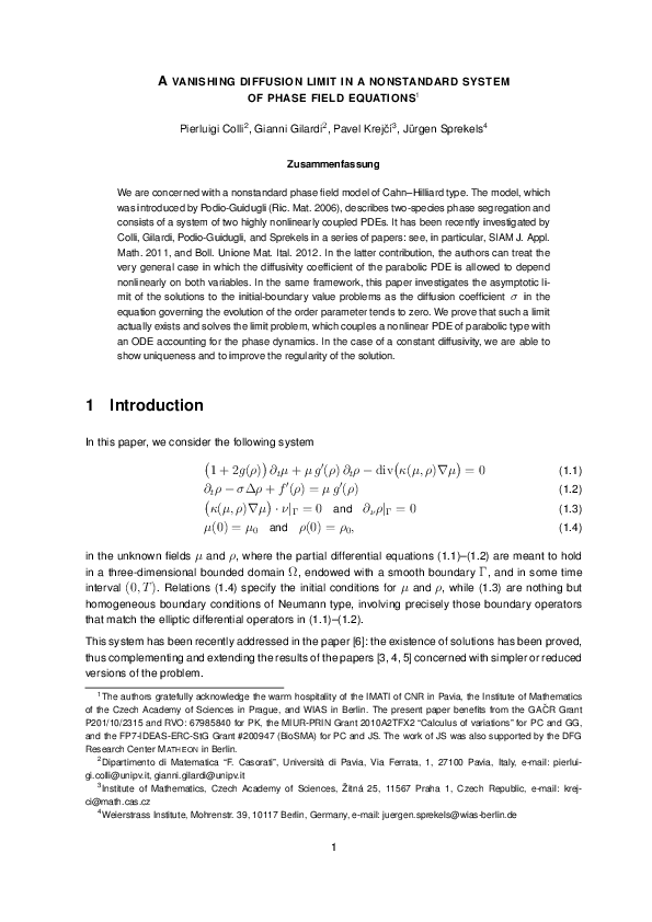(PDF) A vanishing diffusion limit in a nonstandard system of phase field equations