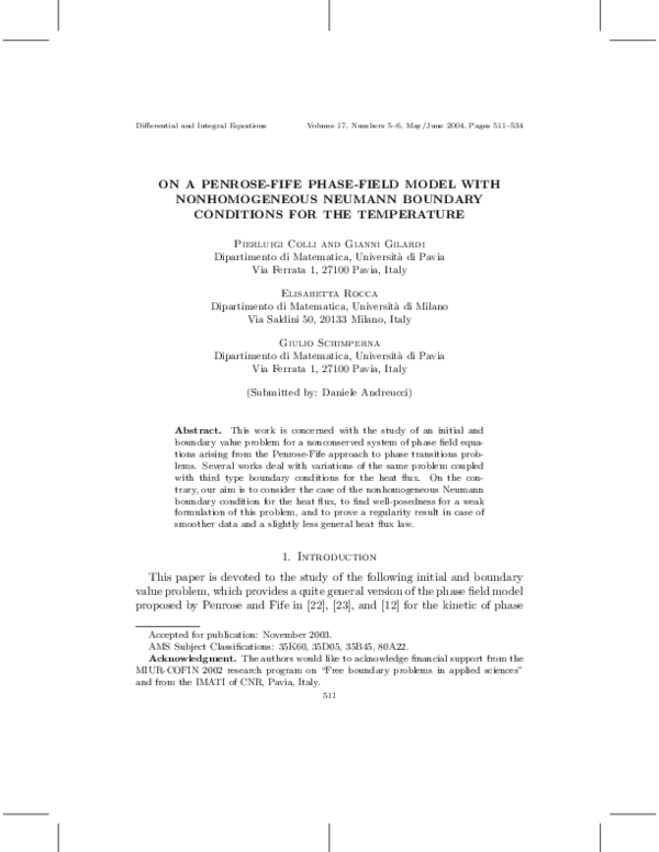 (PDF) On a Penrose-Fife phase-field model with nonhomogeneous Neumann boundary conditions for ...