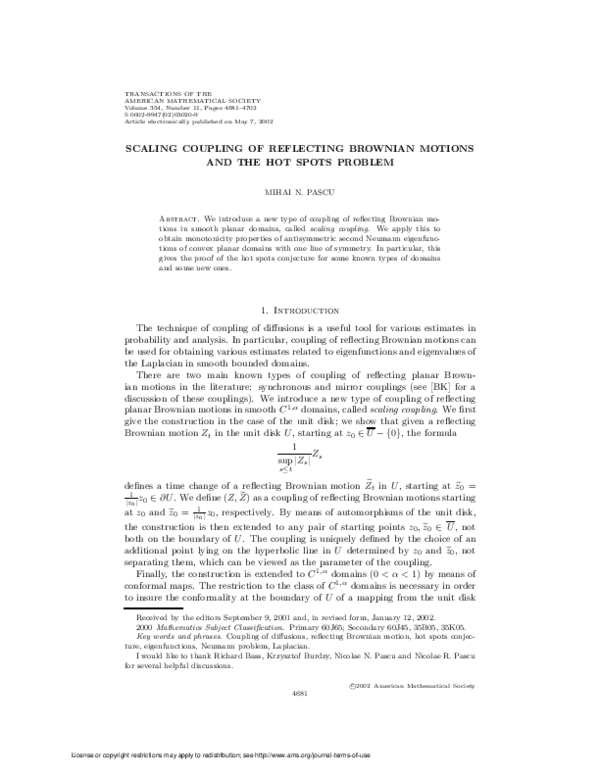 (PDF) Scaling coupling of reflecting Brownian motions and the hot spots problem