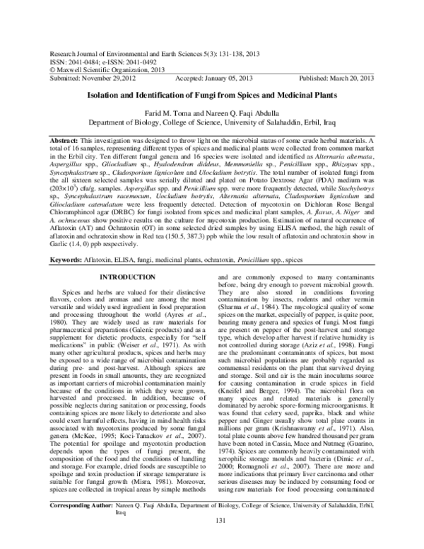 (PDF) Isolation and Identification of Fungi from Spices and Medicinal ...