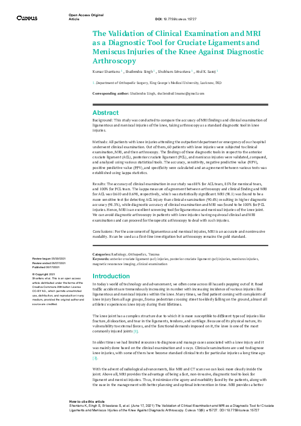 (PDF) The Validation of Clinical Examination and MRI as a Diagnostic Tool for Cruciate Ligaments ...