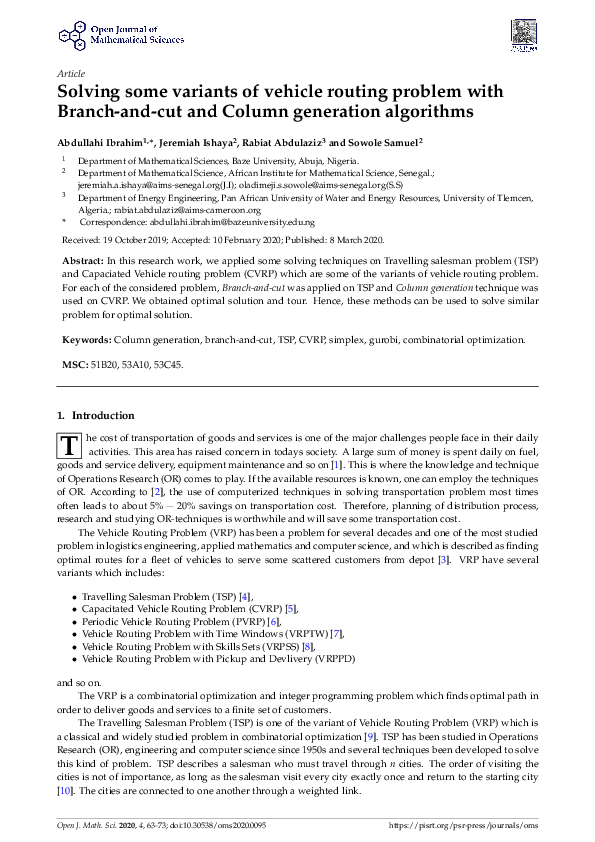 Pdf Solving Some Variants Of Vehicle Routing Problem With Branch And Cut And Column Generation