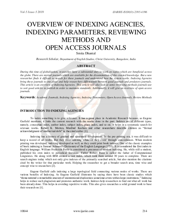 (PDF) Overview of Indexing Agencies, Indexing Parameters, Reviewing Methods and Open Access Journals