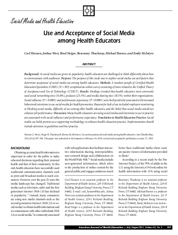 (PDF) Use and Acceptance of Social Media Among Health Educators
