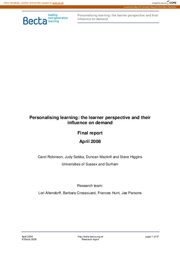 (PDF) Personalising learning:the learner perspective and their influence on demand | Duncan ...