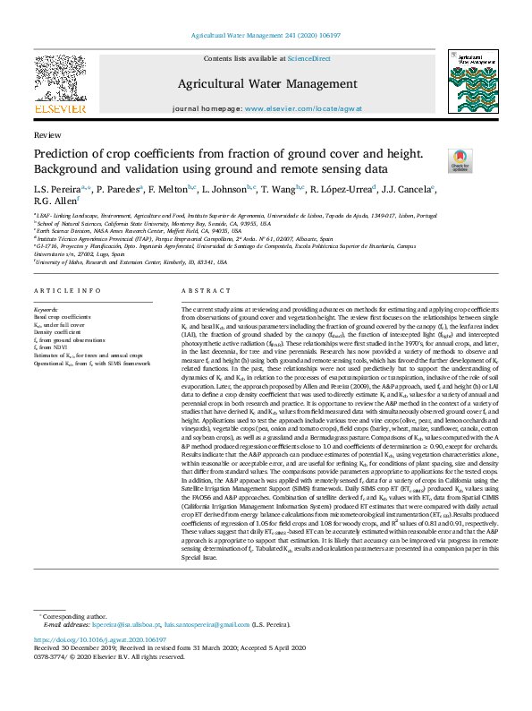 Pdf Prediction Of Crop Coefficients From Fraction Of Ground Cover And Height Background And