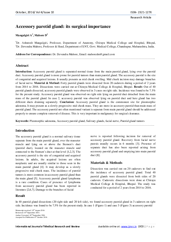 (PDF) Accessory parotid gland: its surgical importance | Ashutosh ...