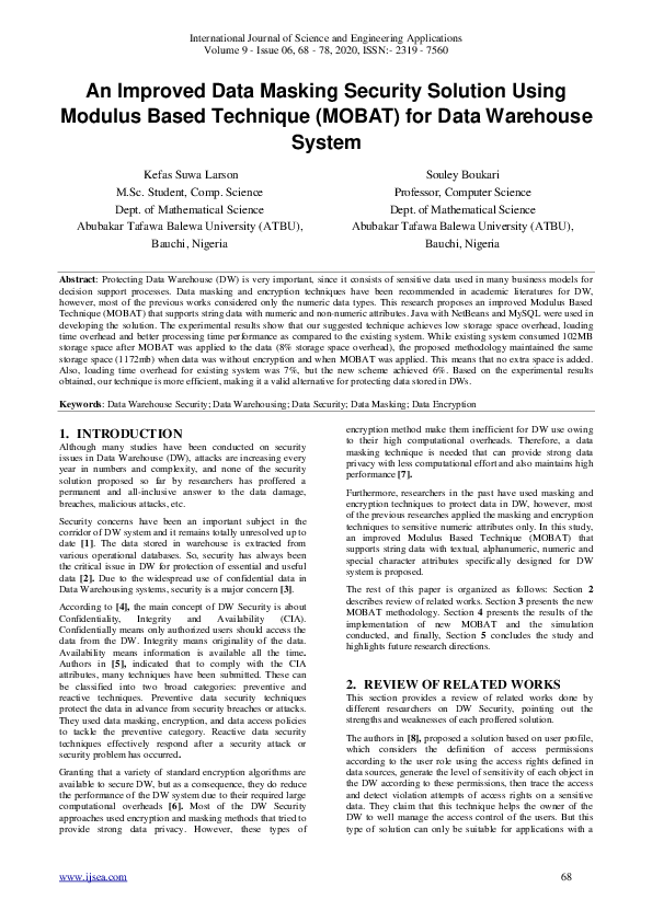 (PDF) An Improved Data Masking Security Solution Using Modulus Based Technique (MOBAT) for Data ...