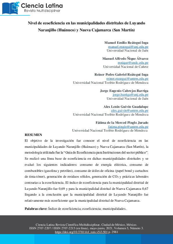 (PDF) Nivel de ecoeficiencia en las municipalidades distritales de ...
