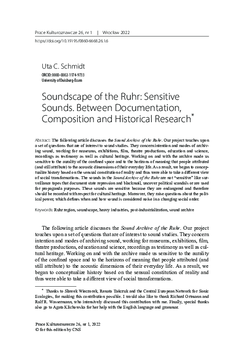 (PDF) Soundscape of the Ruhr: Sensitive Sounds. Between Documentation, Composition and ...