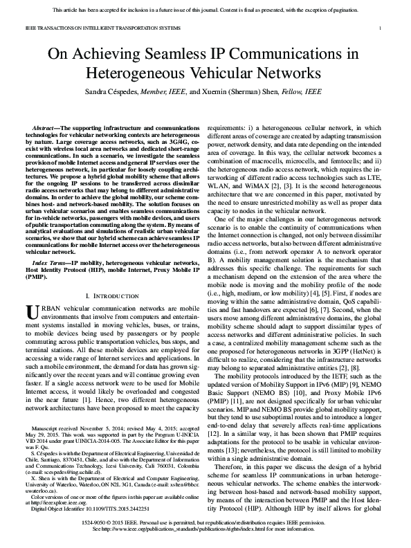 (PDF) On Achieving Seamless IP Communications in Heterogeneous Vehicular Networks