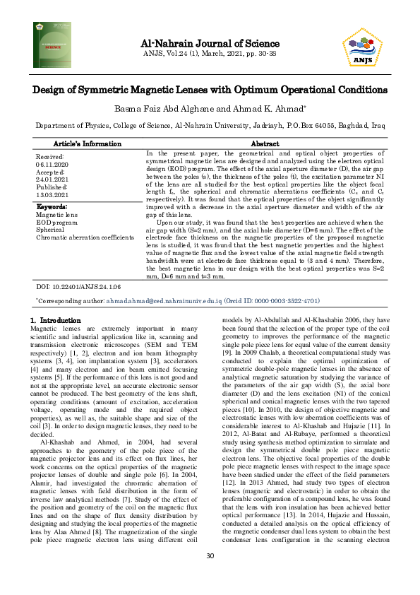 (PDF) Design of Symmetric Magnetic Lenses with Optimum Operational ...