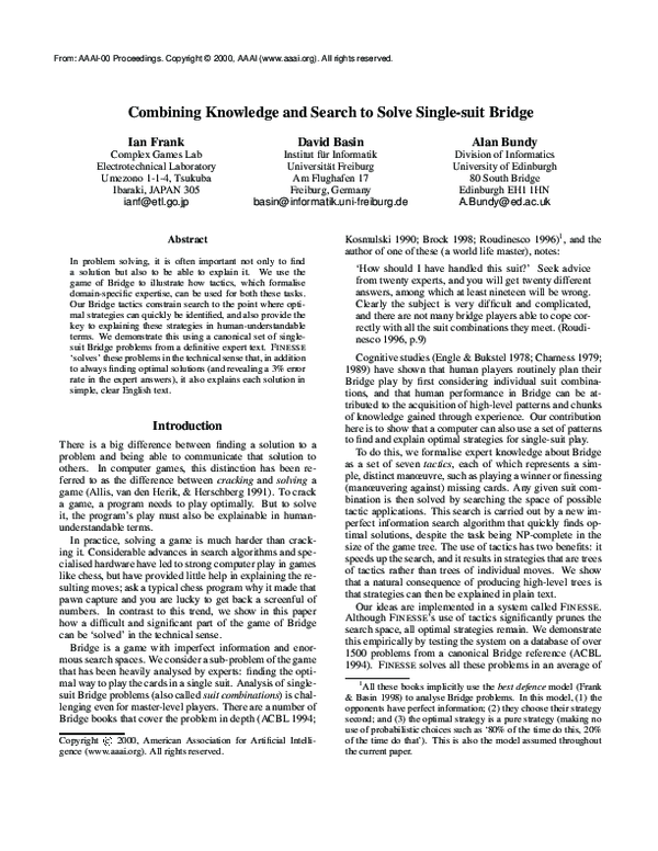 (PDF) Combining knowledge and search to solve single-suit bridge