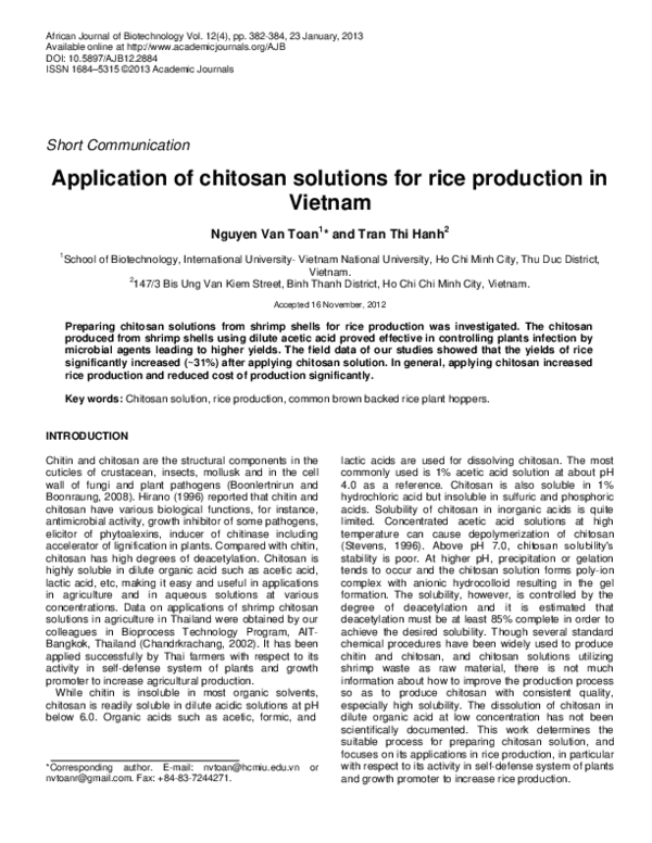 (PDF) Application of chitosan solutions for rice production in Vietnam
