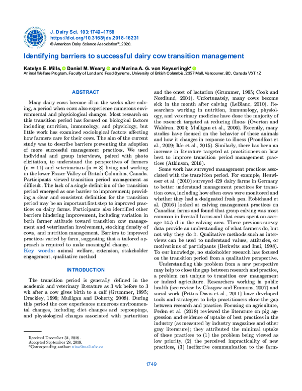 (PDF) Identifying barriers to successful dairy cow transition ...