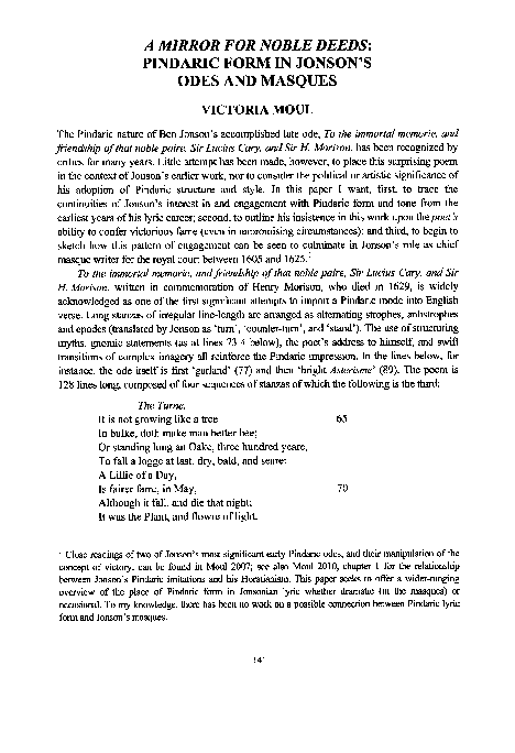 (PDF) A Mirror for Noble Deeds : Pindaric Form in Jonson's Odes and Masques