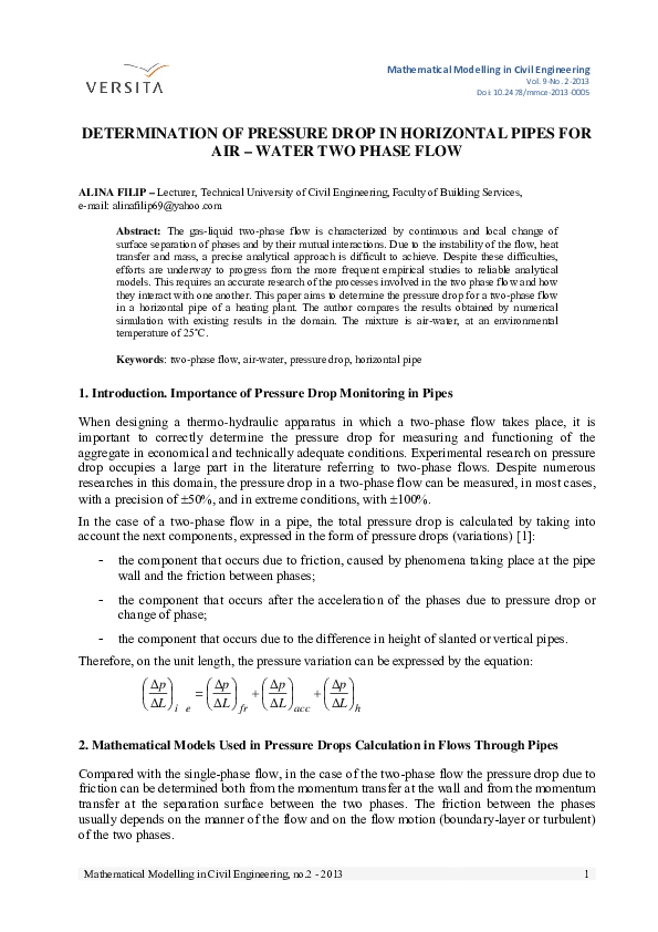 (PDF) Determination of Pressure Drop in Horizontal Pipes for Air – Water Two Phase Flow