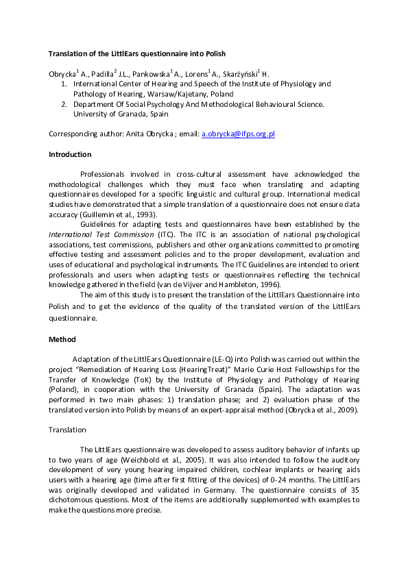 (PDF) Translation of the LittlEARS Questionnaire into Polish