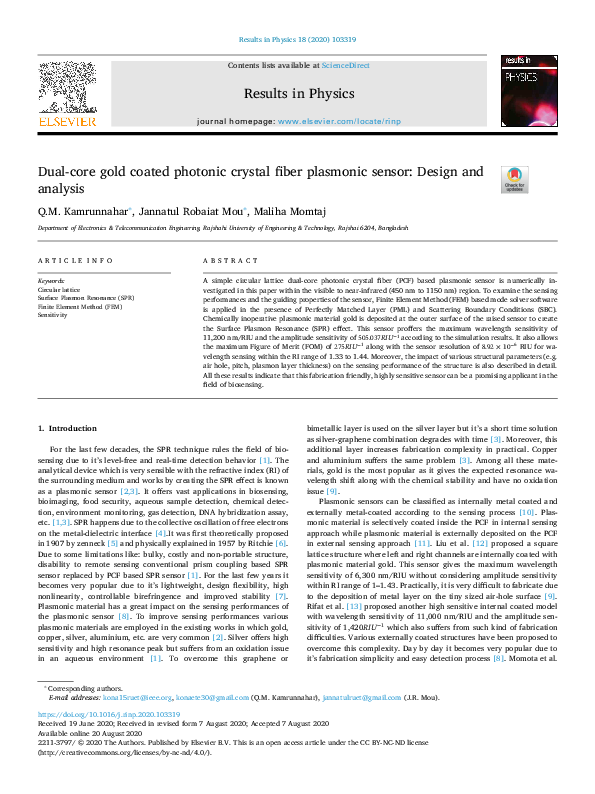 (PDF) Dual-core gold coated photonic crystal fiber plasmonic sensor: Design and analysis