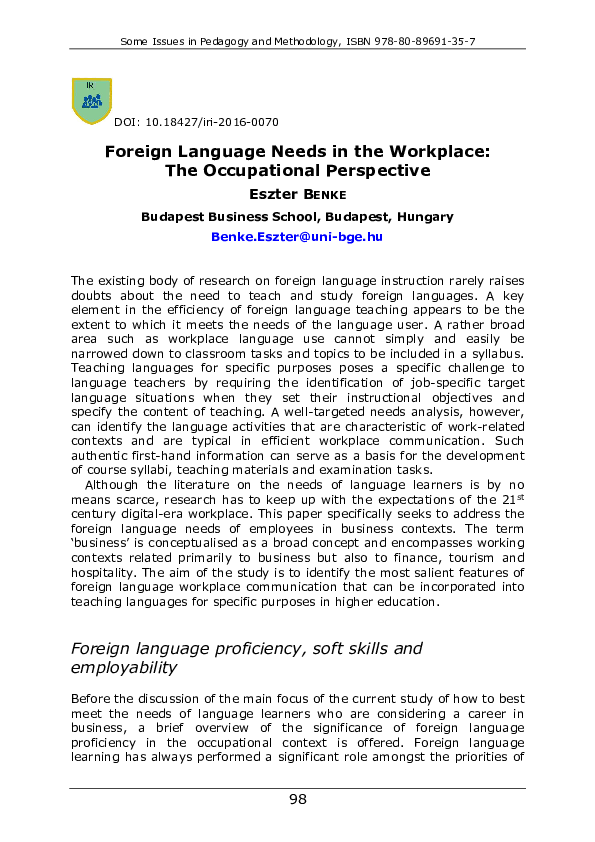 (PDF) Foreign Language Needs in the Workplace: The Occupational Perspective