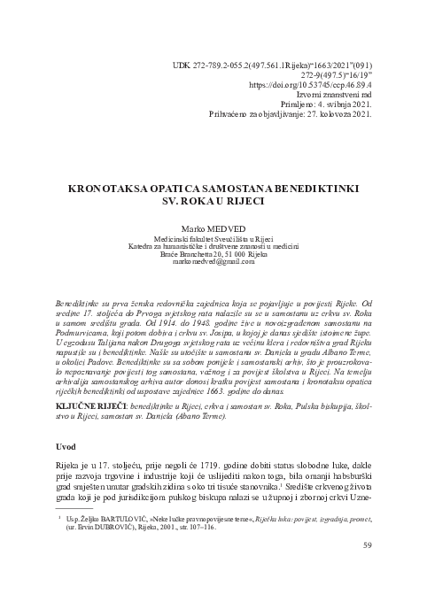 (PDF) Kronotaksa opatica samostana benediktinki sv . Roka u Rijeci
