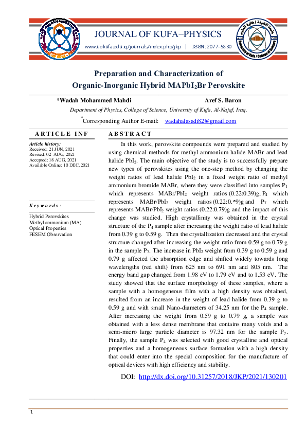 (PDF) Preparation and Characterization of Organic Inorganic Hybrid MAPbI2Br Perovskite