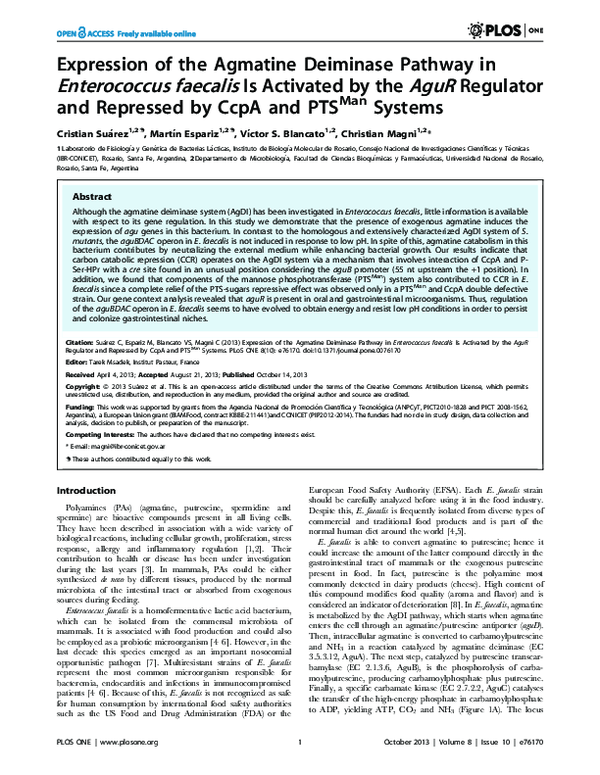 (PDF) AguR Regulates Agmatine Deiminase Pathway in Enterococcus faecalis