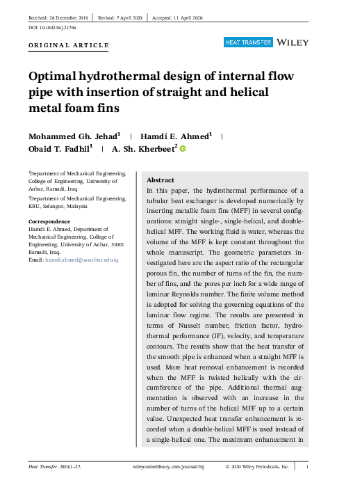 (PDF) Optimal hydrothermal design of internal flow pipe with insertion ...