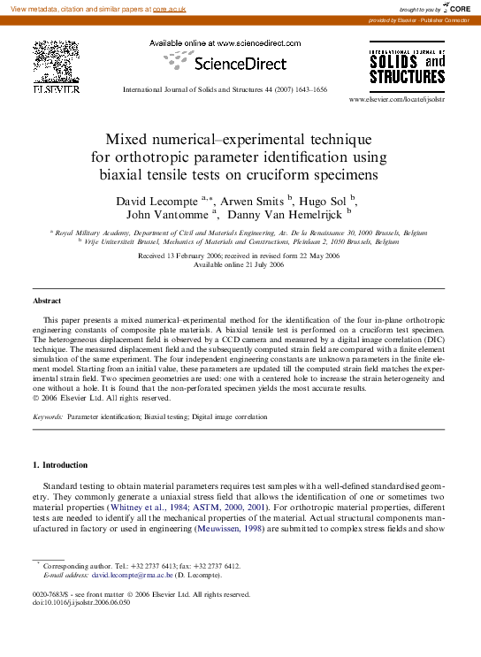 Pdf Mixed Numericalexperimental Technique For Orthotropic Parameter Identification Using
