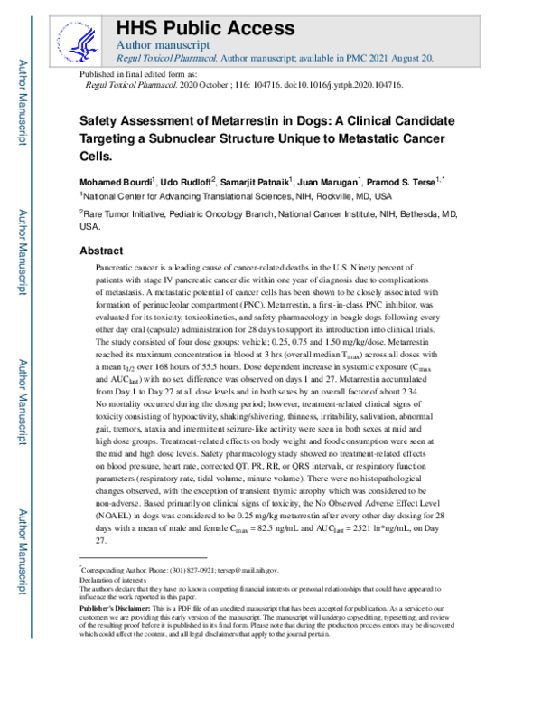 (PDF) Safety assessment of metarrestin in dogs: A clinical candidate ...