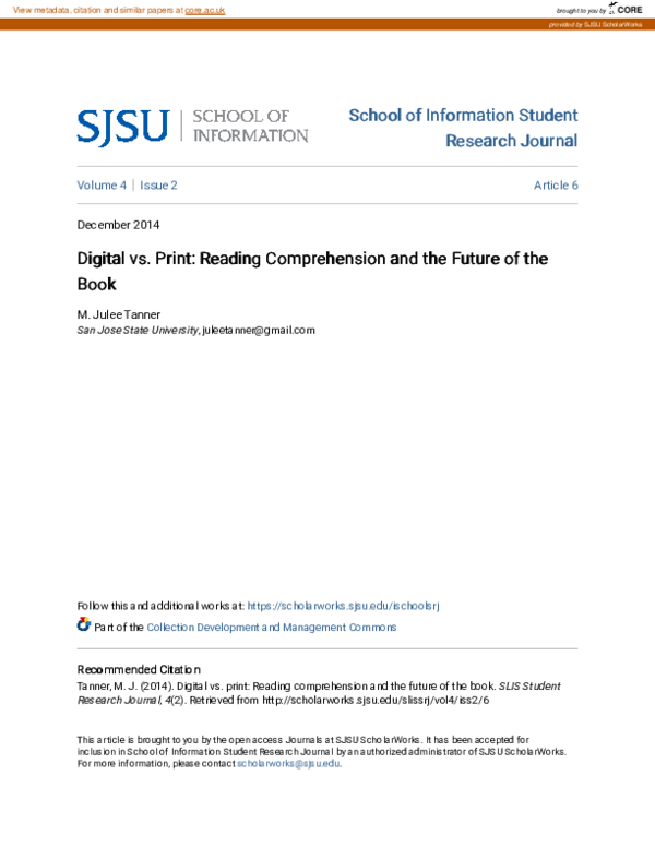 (PDF) Digital vs. Print: Reading Comprehension and the Future of the Book