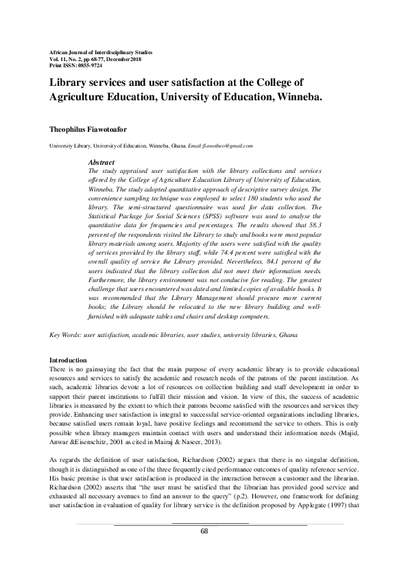 (PDF) Library services and user satisfaction at the College of Agriculture Education ...